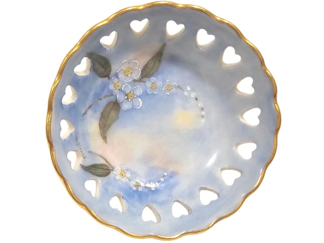 Vintage Porcelain Hand Painted Ring Jewellery Dish Forget Me Nots Gold ...