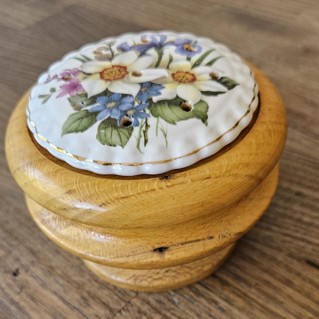 Vintage Round Hand Turned Wood Potpourri Container With Porcelain Top ...