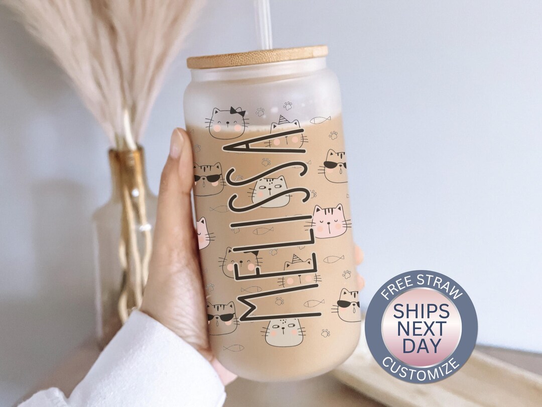 Cat Glass Cup Personalized Custom Cat Lover Gift Cat Iced Coffee Cup ...