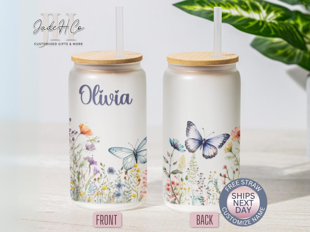 Butterfly Glass Cup Custom Butterfly Cup Purple Butterfly Glass Can ...