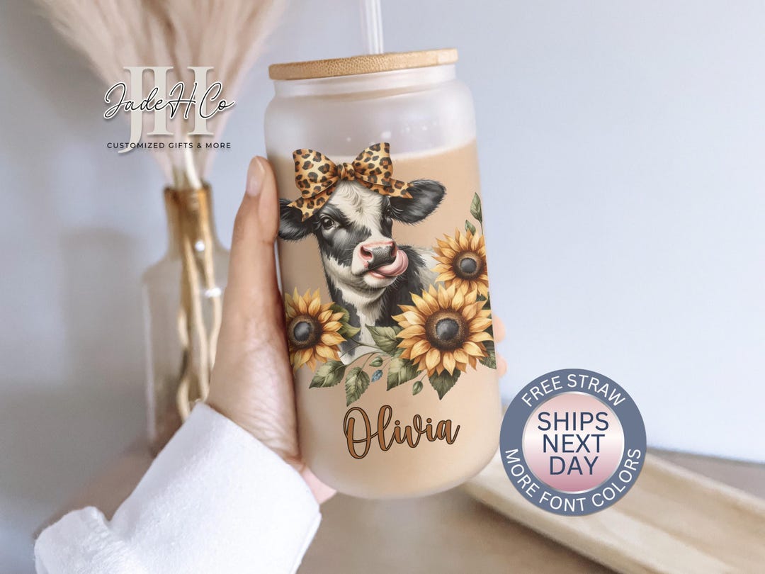 Personalized Cow Glass Cup, Custom Cow Iced Coffee Cup, Cow Gift, Cow ...