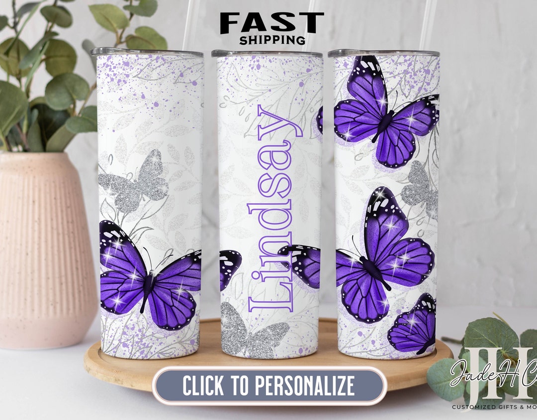 Purple Butterfly Tumbler Personalized, Butterfly Tumbler Cup With Straw ...