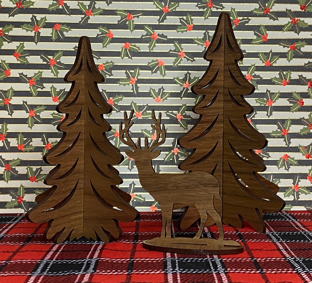 Trees and Deer Set, Walnut Wood, Forest Scene, Pop up Decoration ...