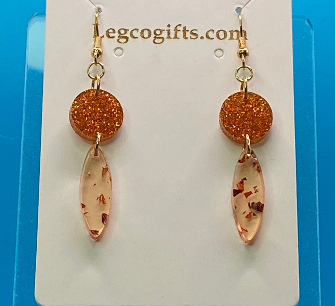 Tinted Acrylic Oval With Amber Flakes and Copper Glitter Circle Earrings, Dangle Earrings - Etsy