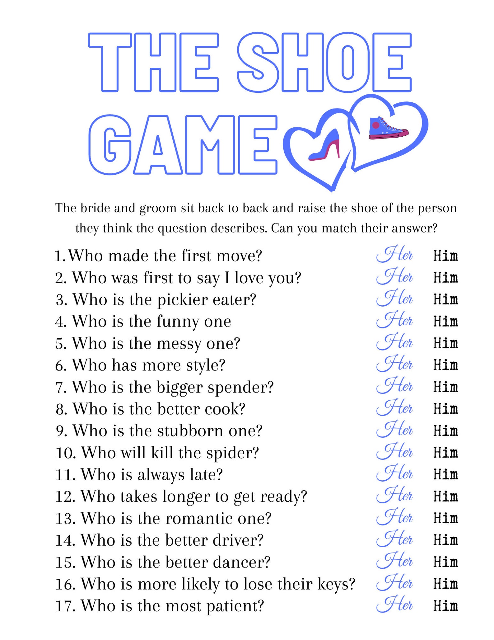 The Wedding Shoe Game Printable Bridal Shower Game Instant Download - Etsy