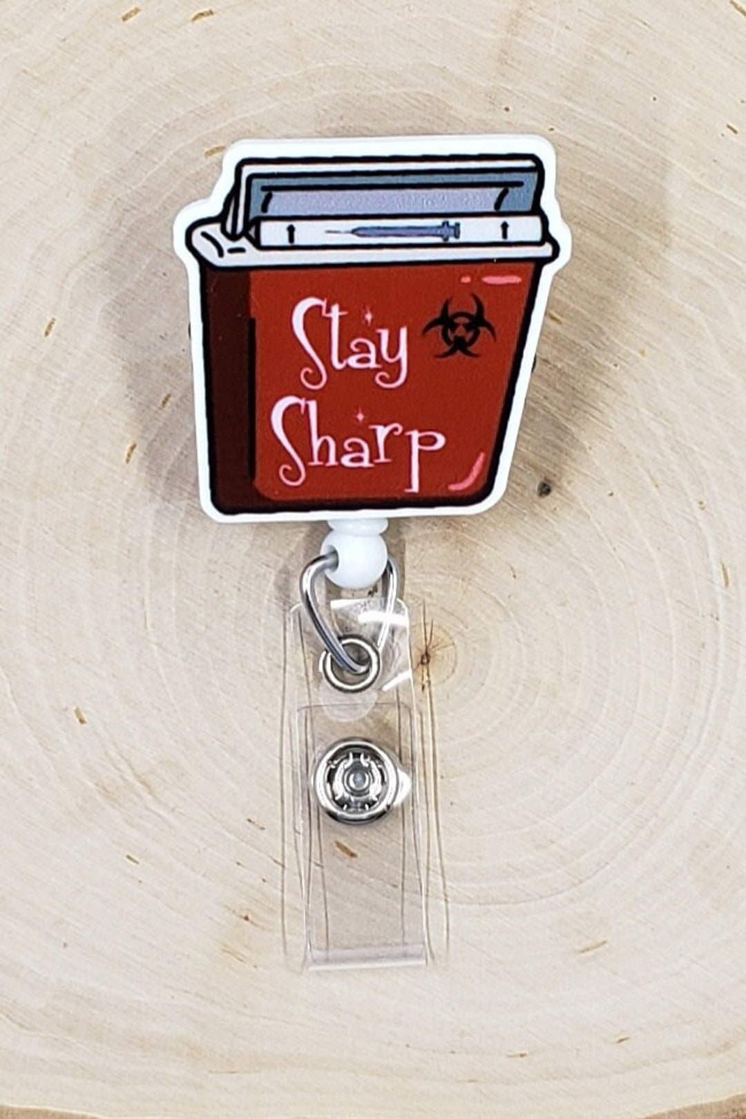 Stay Sharp Needle Biohazard Badge Reel | Hospital Badge Holder | Humor ...