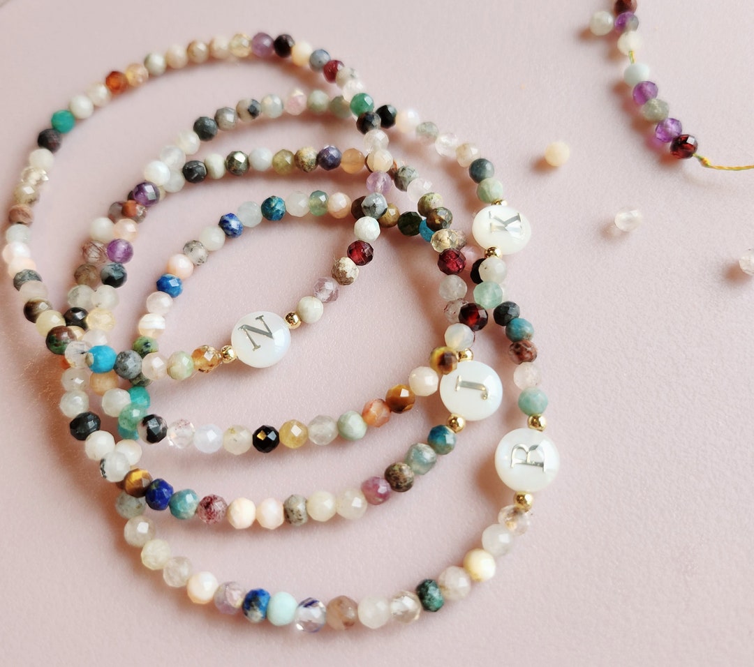 Personalized Initial Bracelet: 3mm Tiny Natural Gemstones, Mother-of ...