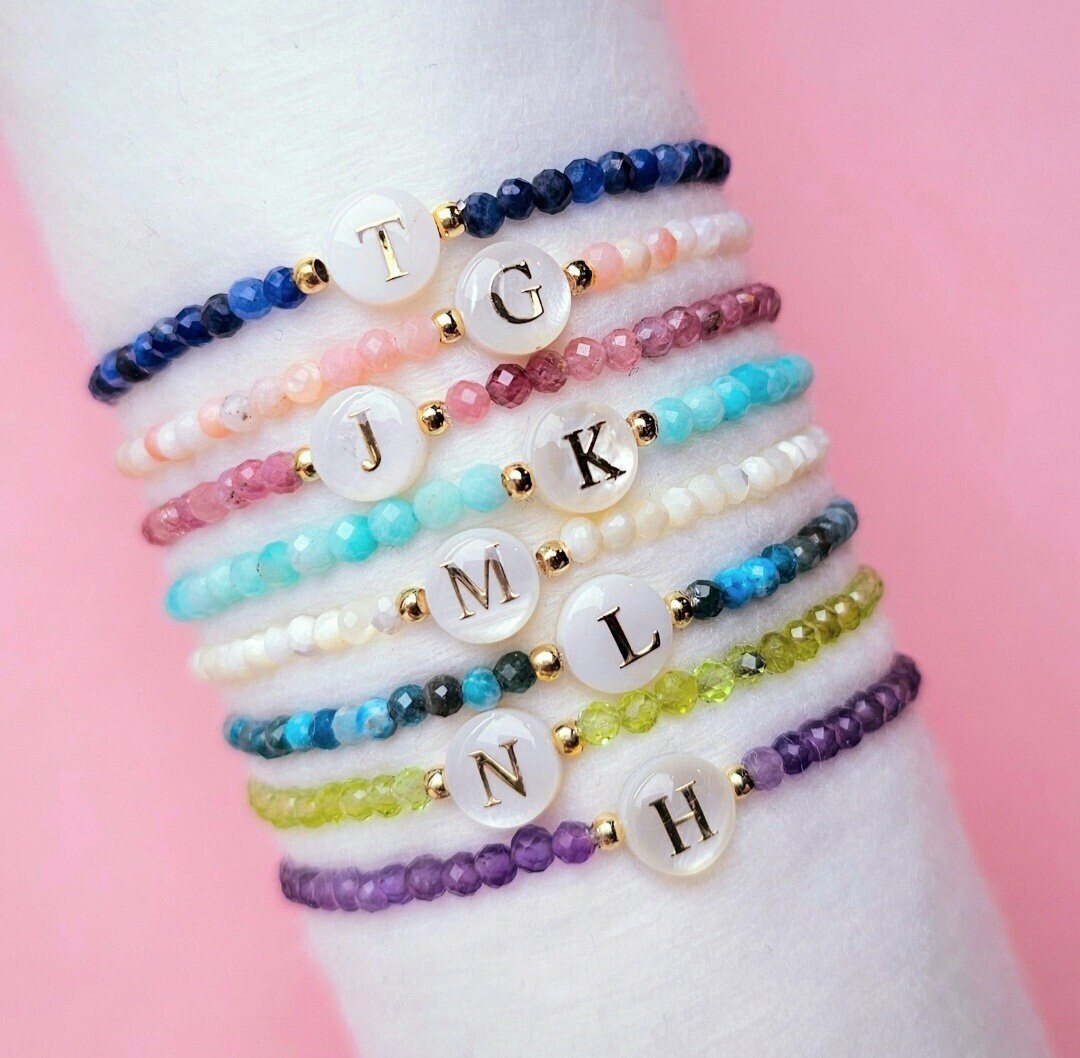 Dainty Initial Bracelet: 3mm Tiny Natural Gemstone Personalized Jewelry ...