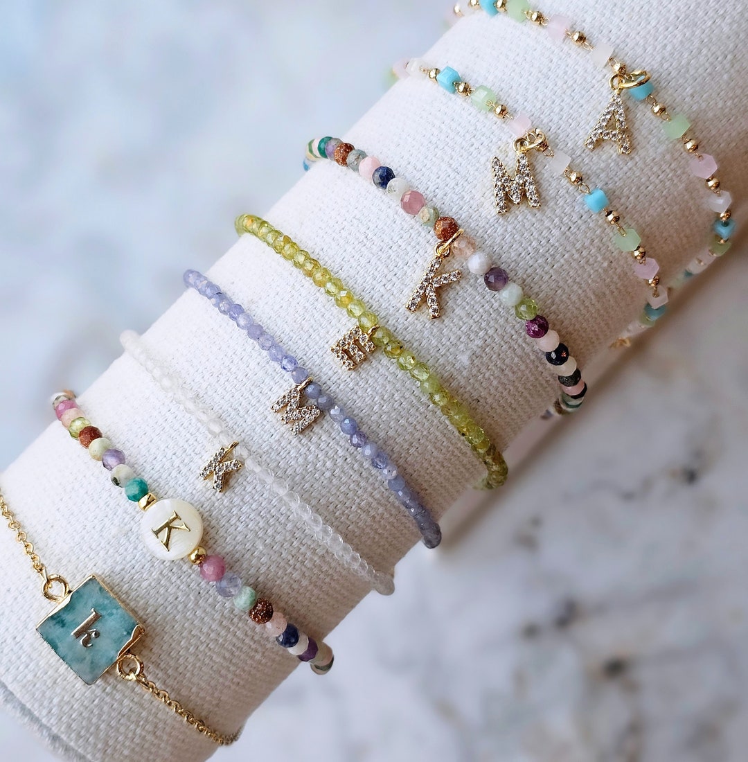 Dainty Initial Bracelets, Natural Gemstone Bead Bracelets, Letter ...