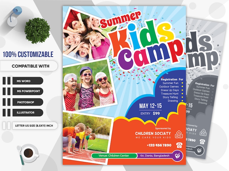 Kids Summer Camp Flyer Template | Printable Event Ad (PSD, Ai, DOCX ...