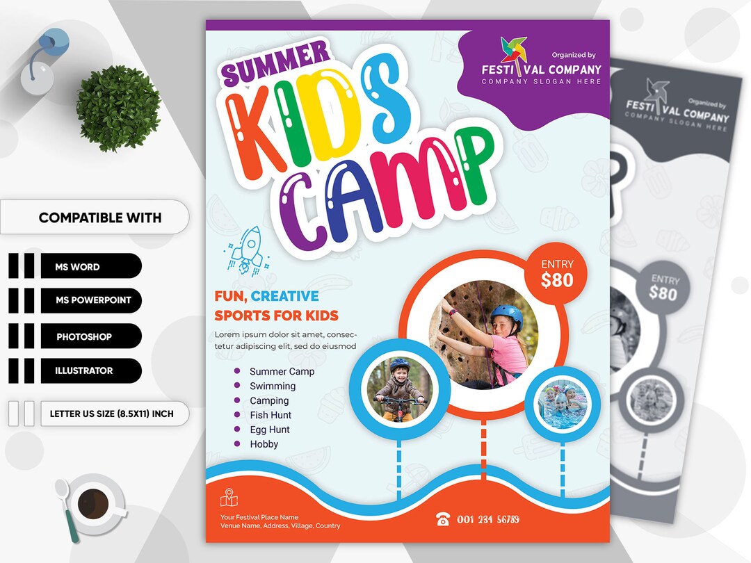Kids Camp Summer Festival Flyer for Kids Creative & Fun. Compatible ...