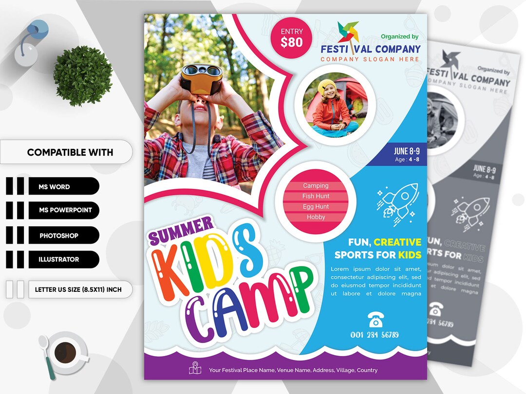 Kids Camp Summer Festival Flyer for Kids Creative & Fun. Compatible ...