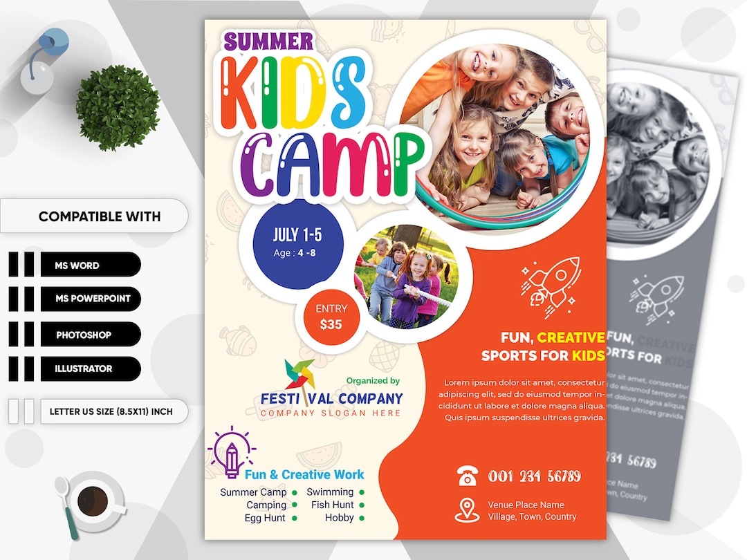 Kids Camp Summer Festival Flyer for Kids Creative & Fun. Compatible ...