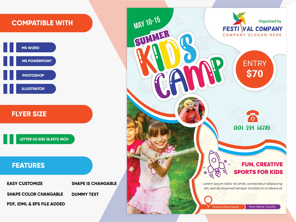 Kids Camp Summer Festival Flyer for Kids Creative & Fun. Compatible ...