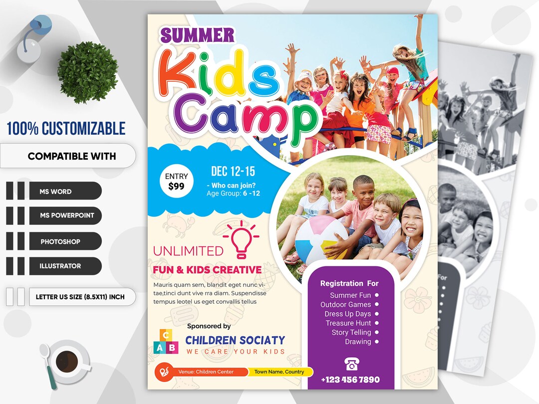 Summer Kids Camp Flyer Template | Editable PSD Ai DOCX PPTX - Etsy