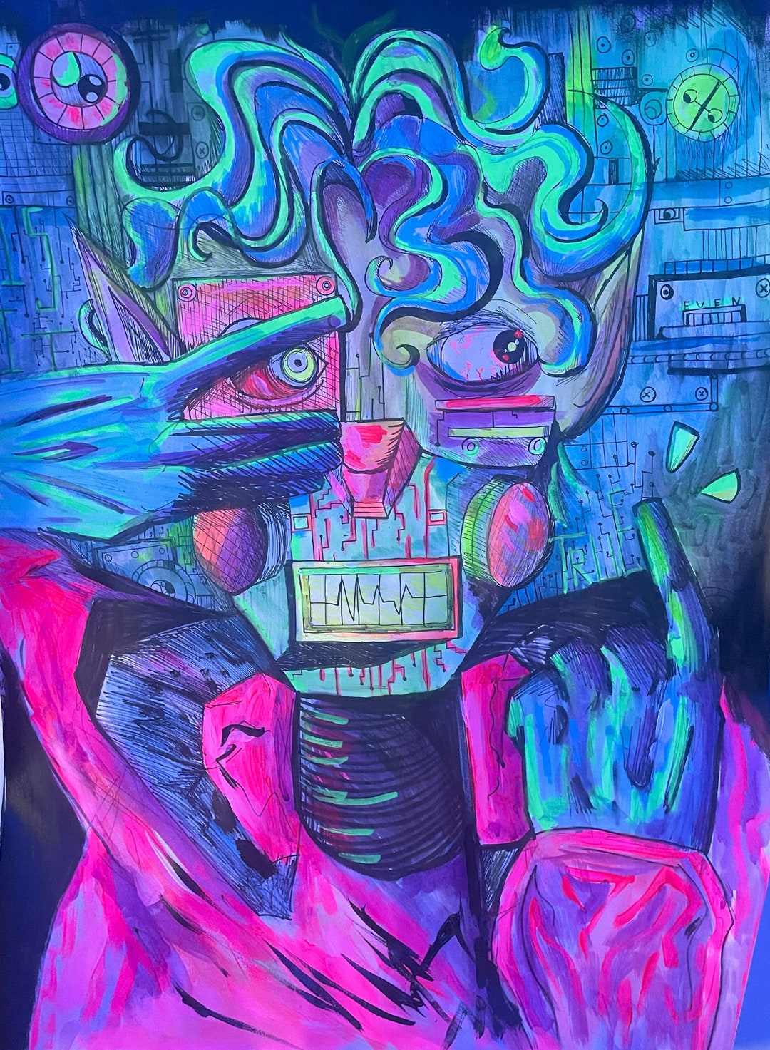 Cyberpunk Print, Robot Mech Artwork, Neon Hang on Wall Art, Maximalist ...