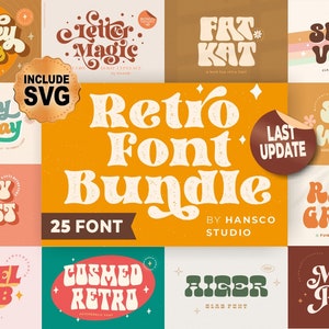 Retro Groovy Font Bundle | OTF, TTF, Svg, Dxf Fonts Retro Bundles ...