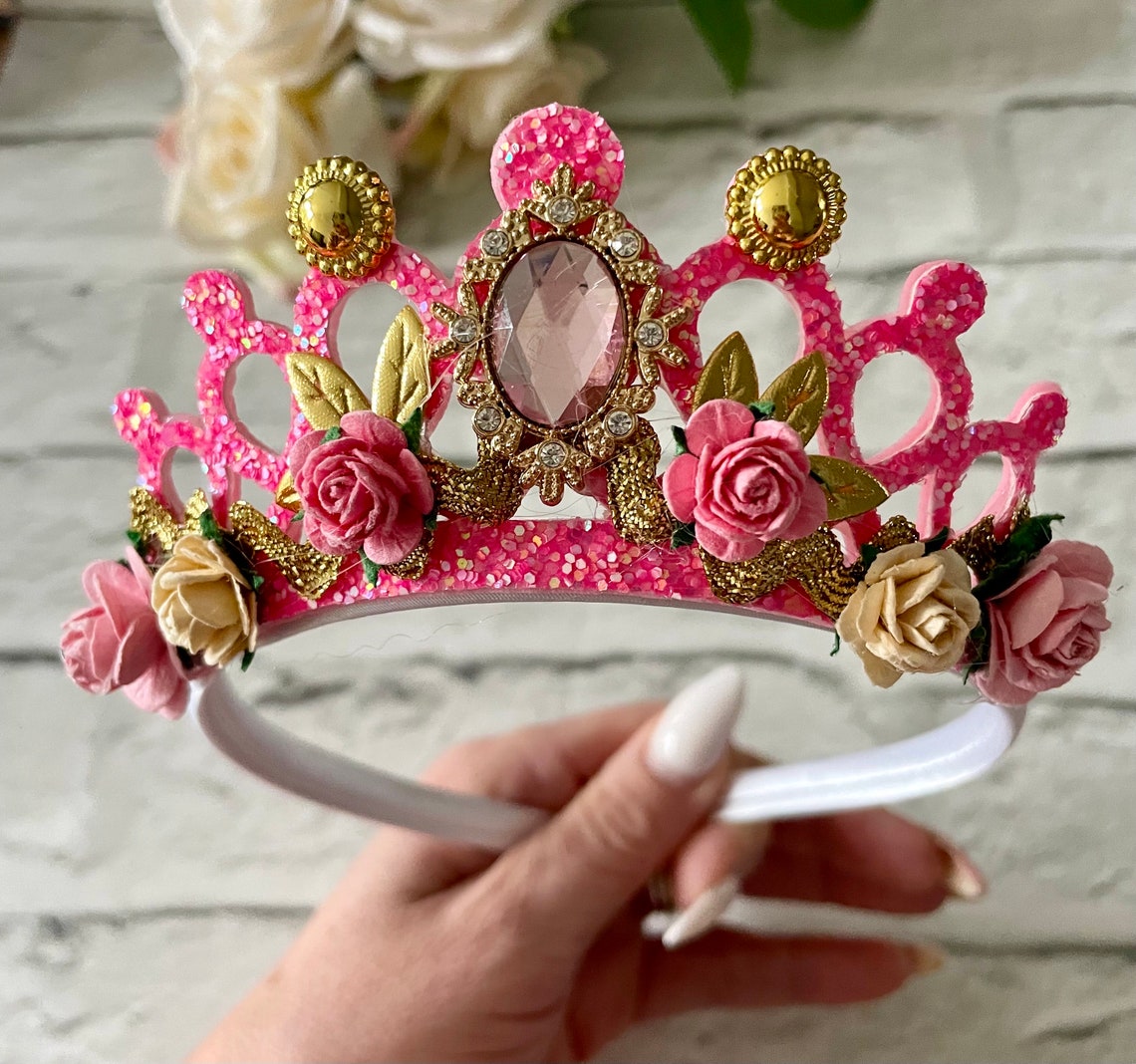 Pink Glitter Princess Tiara, Floral Birthday Crown - Etsy