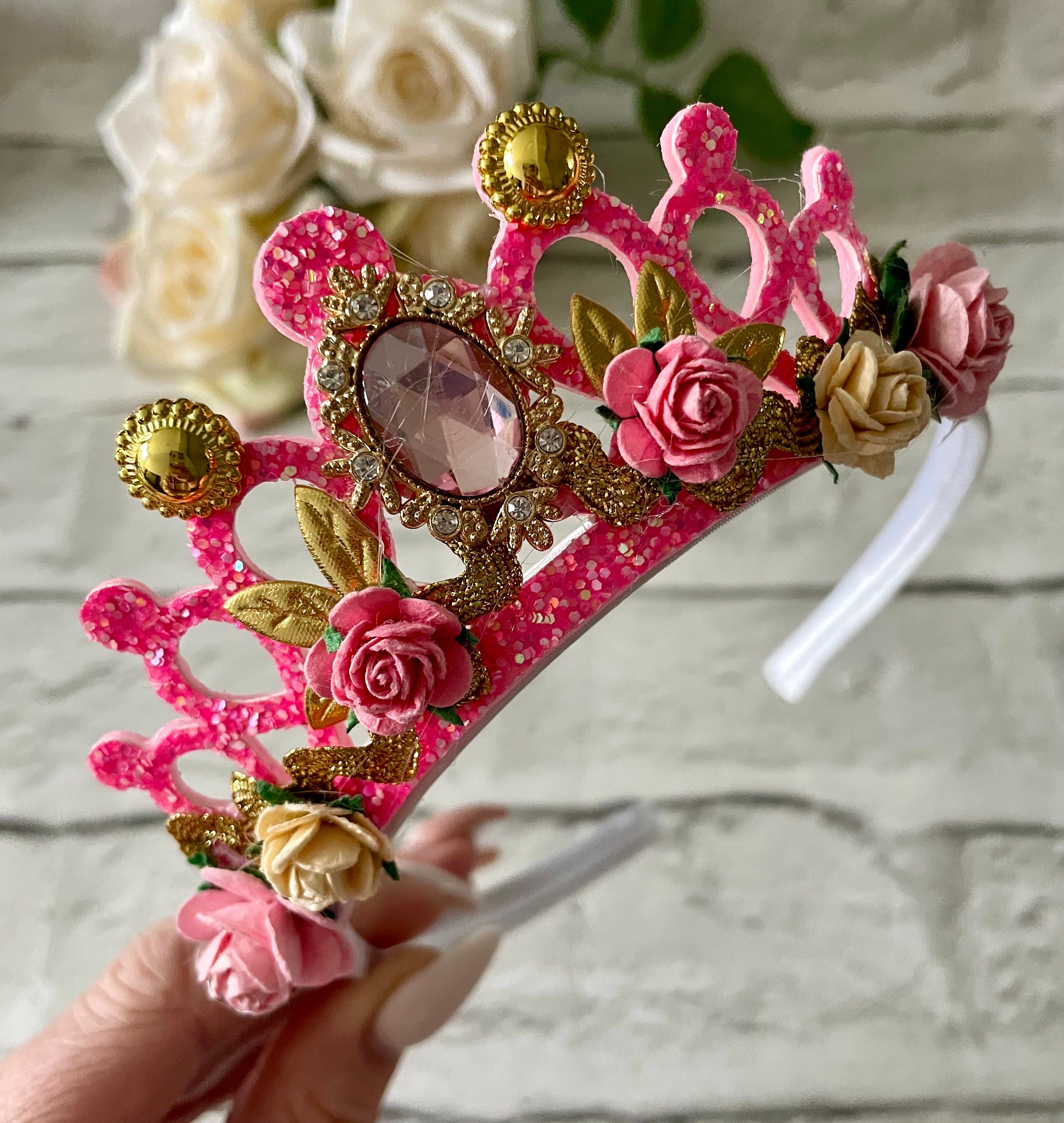 Pink Glitter Princess Tiara, Floral Birthday Crown - Etsy