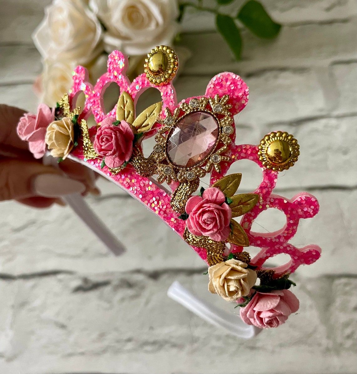 Pink Glitter Princess Tiara, Floral Birthday Crown - Etsy