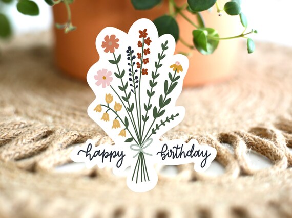 Happy Birthday Flower Bouquet Sticker Happy Birthday Sticker - Etsy