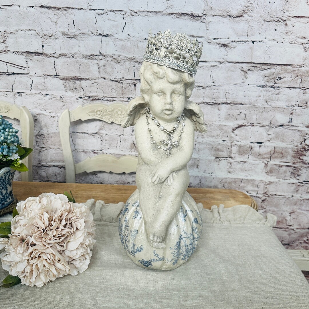 Large Crowned Statue Cherub Sitting on Blue Toile Ball - Etsy