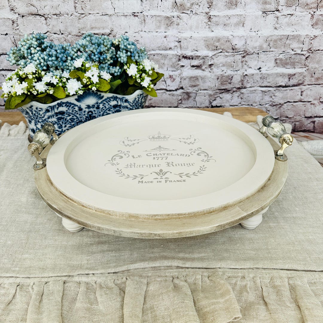 Ornate French Round Wood Tray With Glass Handles - Etsy