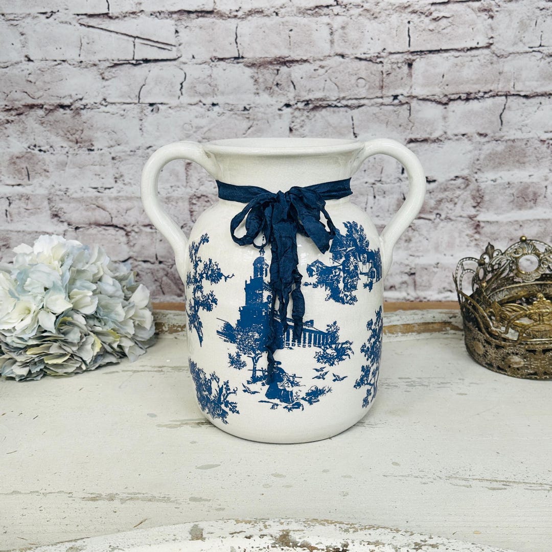 Blue Toile Vase With Handles - Etsy
