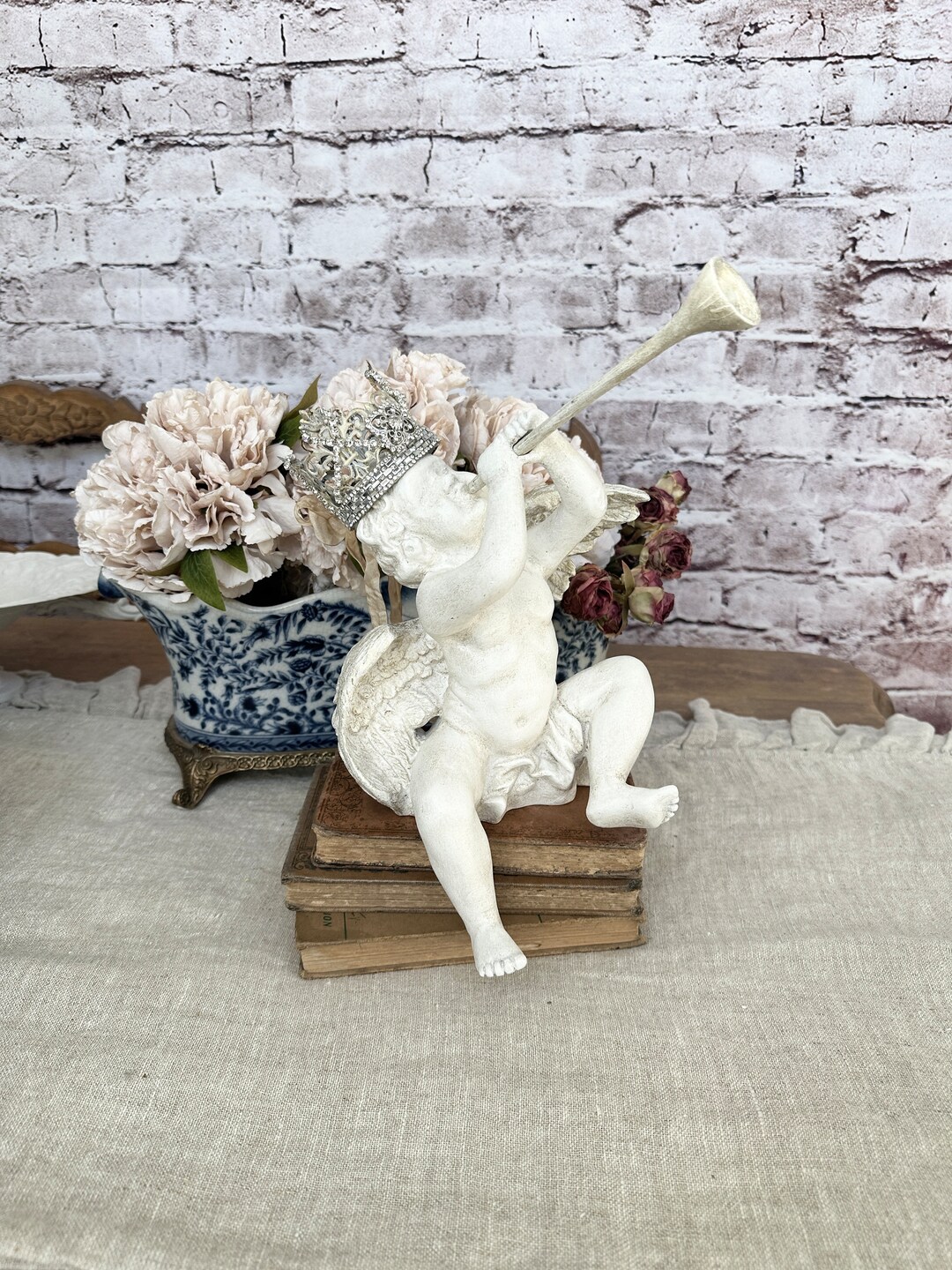Sitting Crowned Cherub With Wings and Instrument - Etsy
