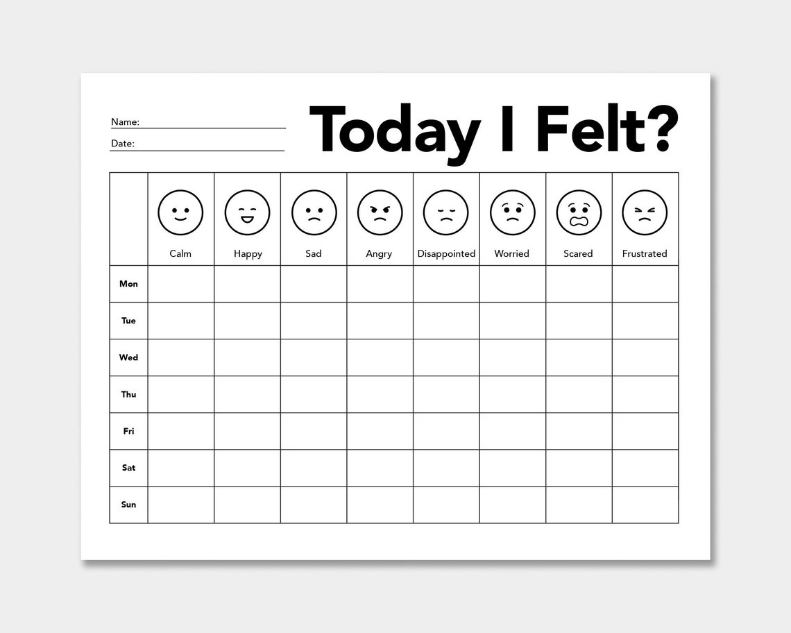 Monochrome Printable Kids Simple Weekly Mood Tracker, Feeling Tracker ...