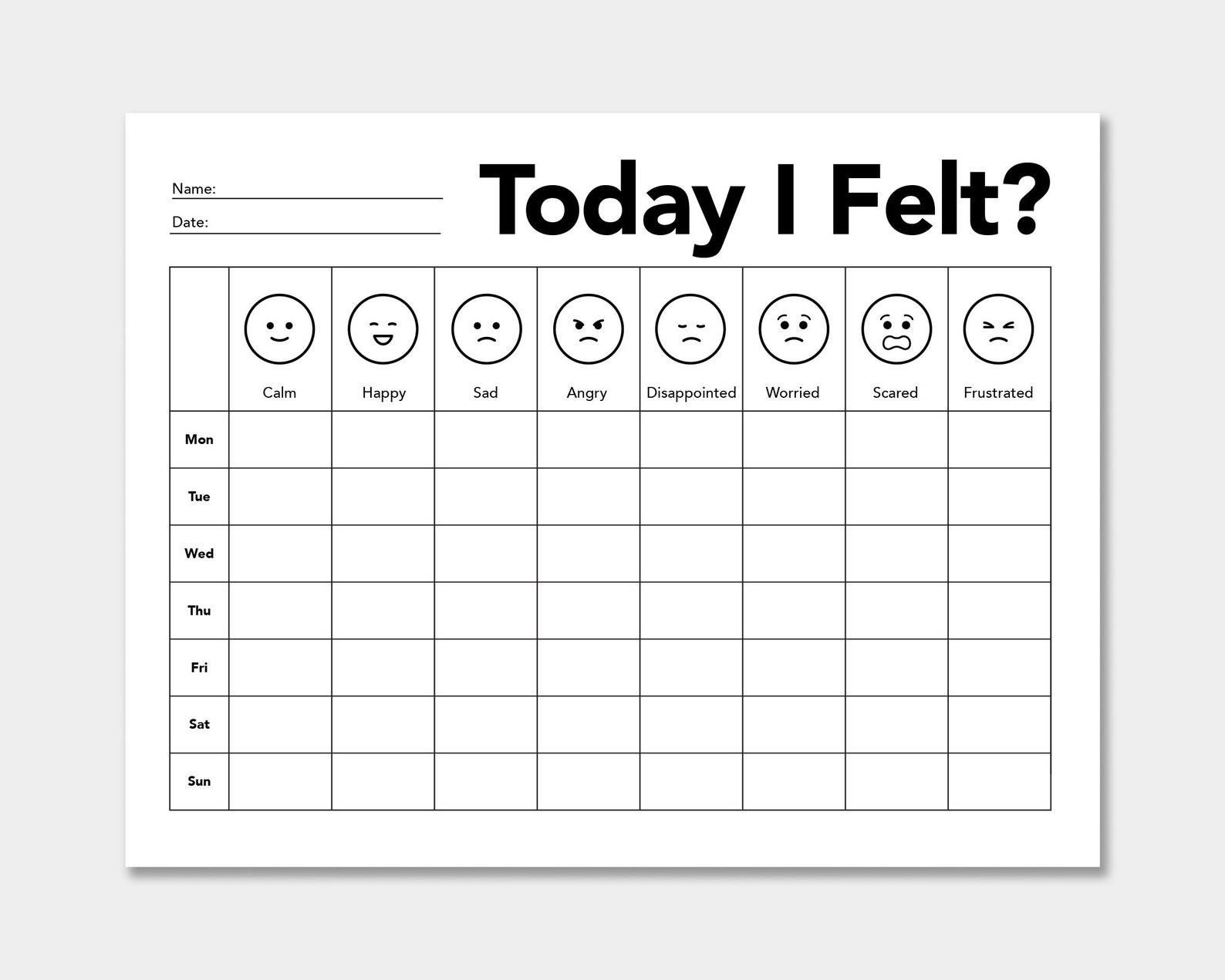 Monochrome Printable Kids Simple Weekly Mood Tracker, Feeling Tracker ...