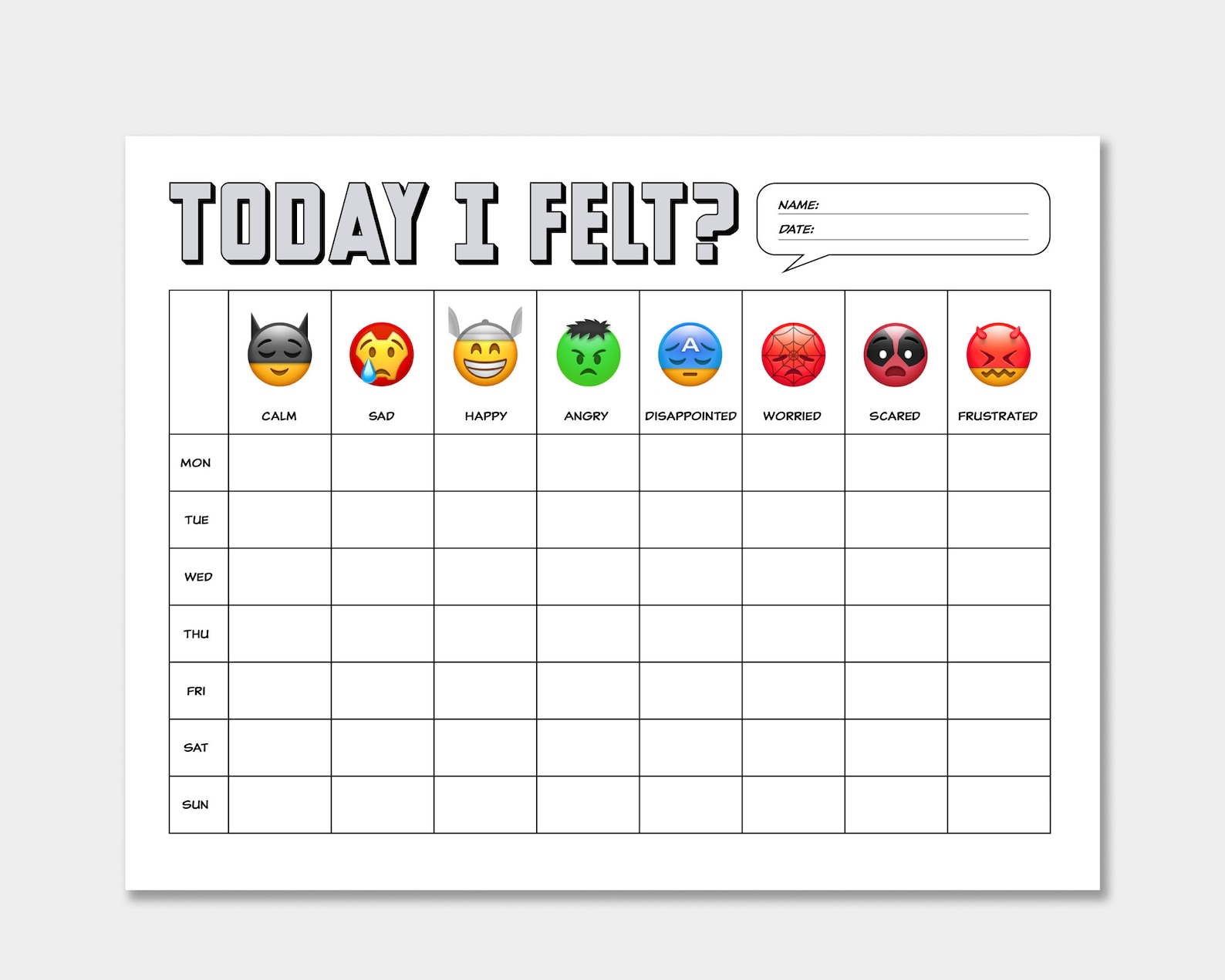 Printable Kids Superhero Emoji Weekly Mood Tracker Feeling Tracker ...