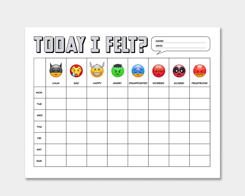 Printable Kids Superhero Emoji Weekly Mood Tracker Feeling Tracker - Etsy