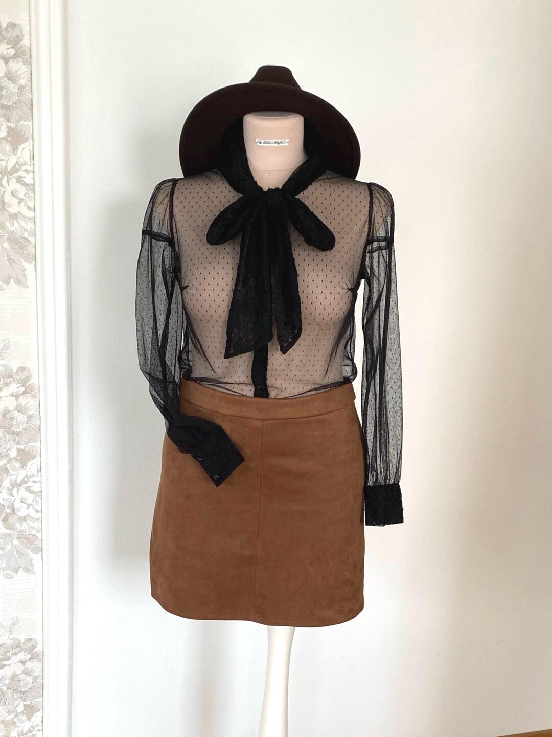 LILU Black Bow Neck Blouse, Lightweight Sheer Bow Neck Blouse, Polka ...
