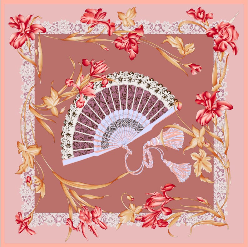 Oscar Rossa Mulberry Silk Scarf, Floral Fan Print, Hand-rolled Edges ...