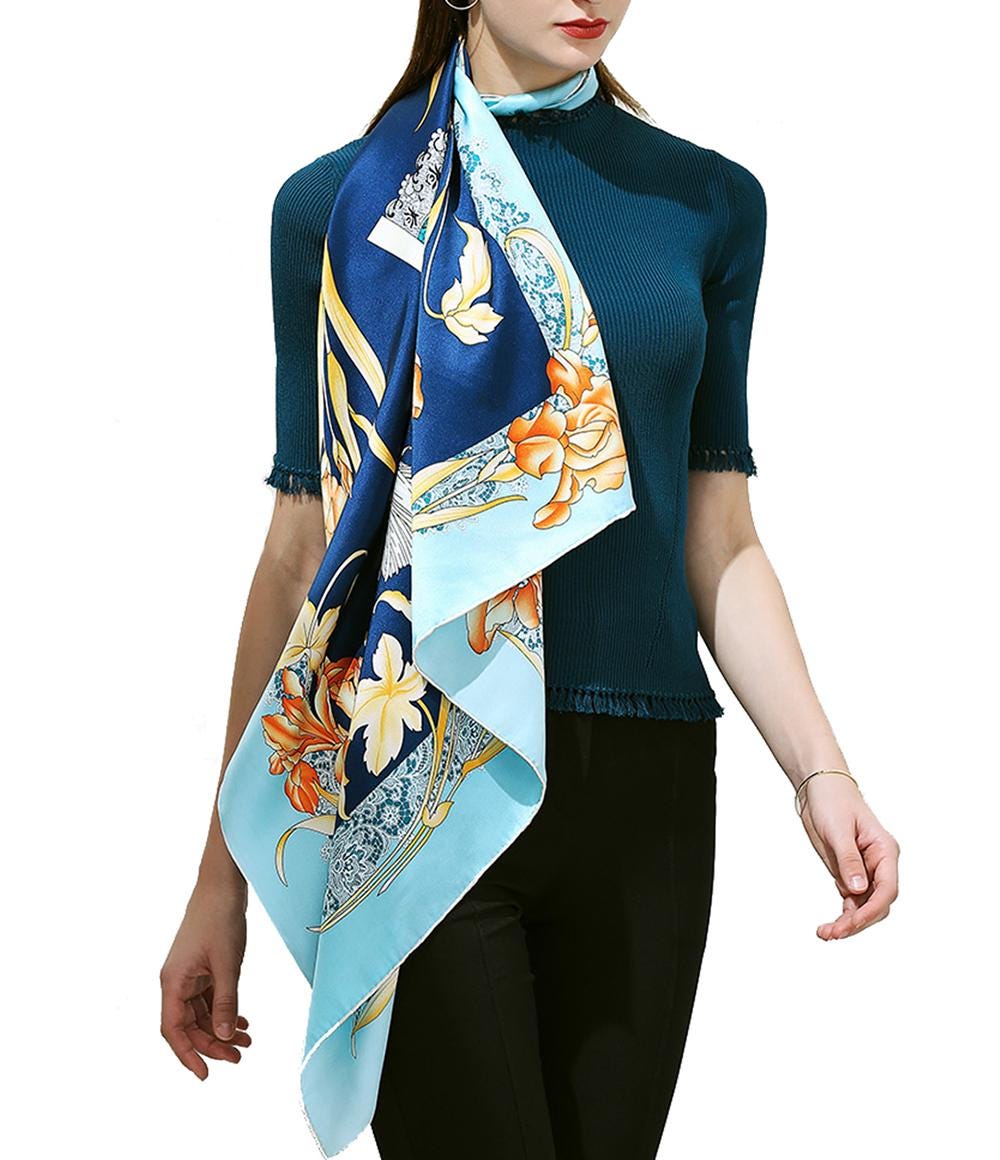 Oscar Rossa Mulberry Silk Scarf, Floral Fan Print, Hand-rolled Edges ...