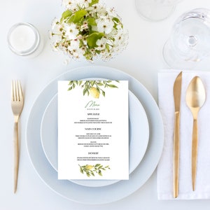 Lemon Flowers Menu Cards Template Watercolor Greenery Wedding | Etsy