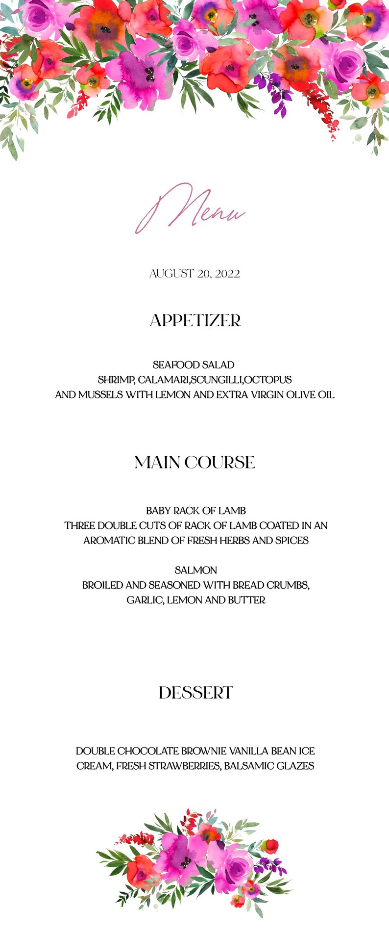 Purple Pink Flowers Menu Cards Template Watercolor Greenery - Etsy