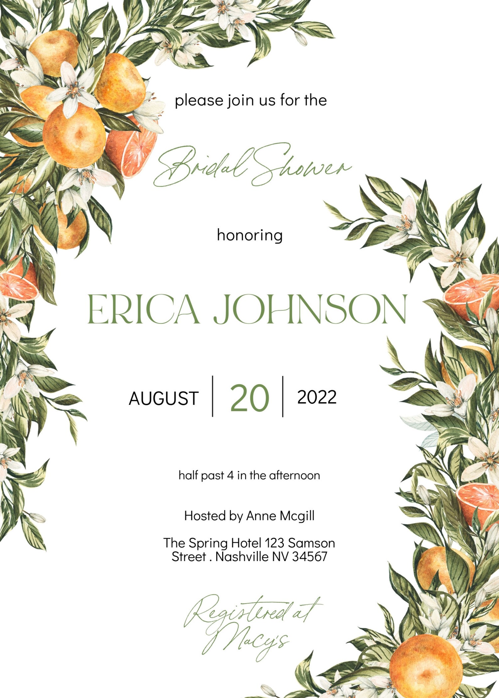 Citrus Bridal Shower Invitation Template, Floral Watercolor Greenery ...