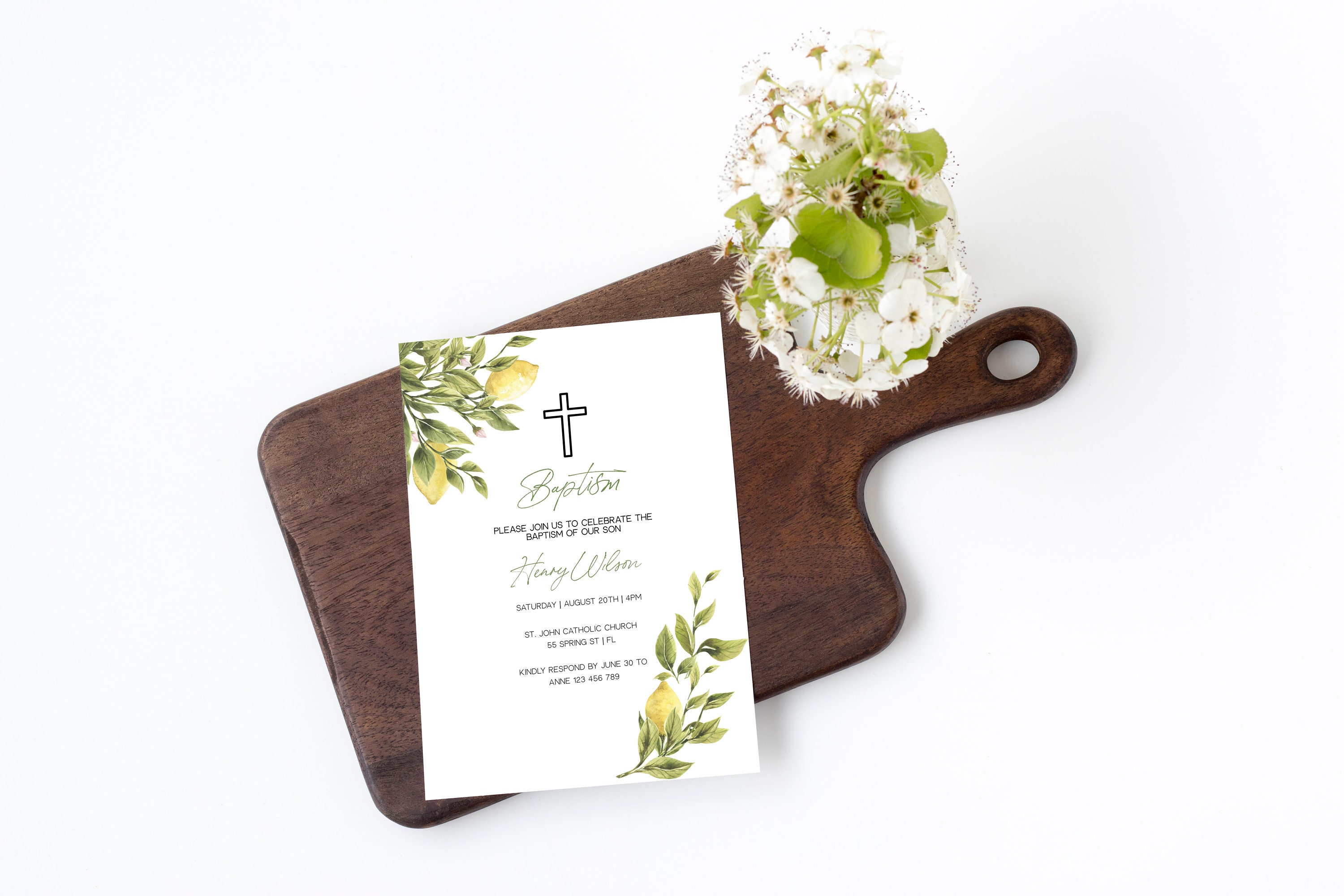 Lemon Baptism Invitation Template, Lemon Floral Watercolor Greenery ...
