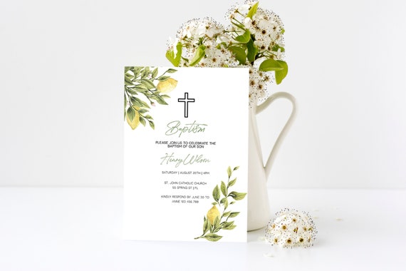 Lemon Baptism Invitation Template Lemon Floral Watercolor | Etsy