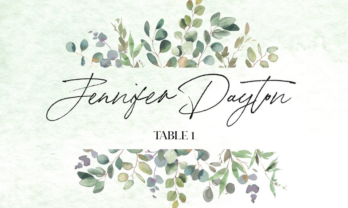 Eucalyptus Wedding Name Card Template, Watercolor Greenery Wedding ...