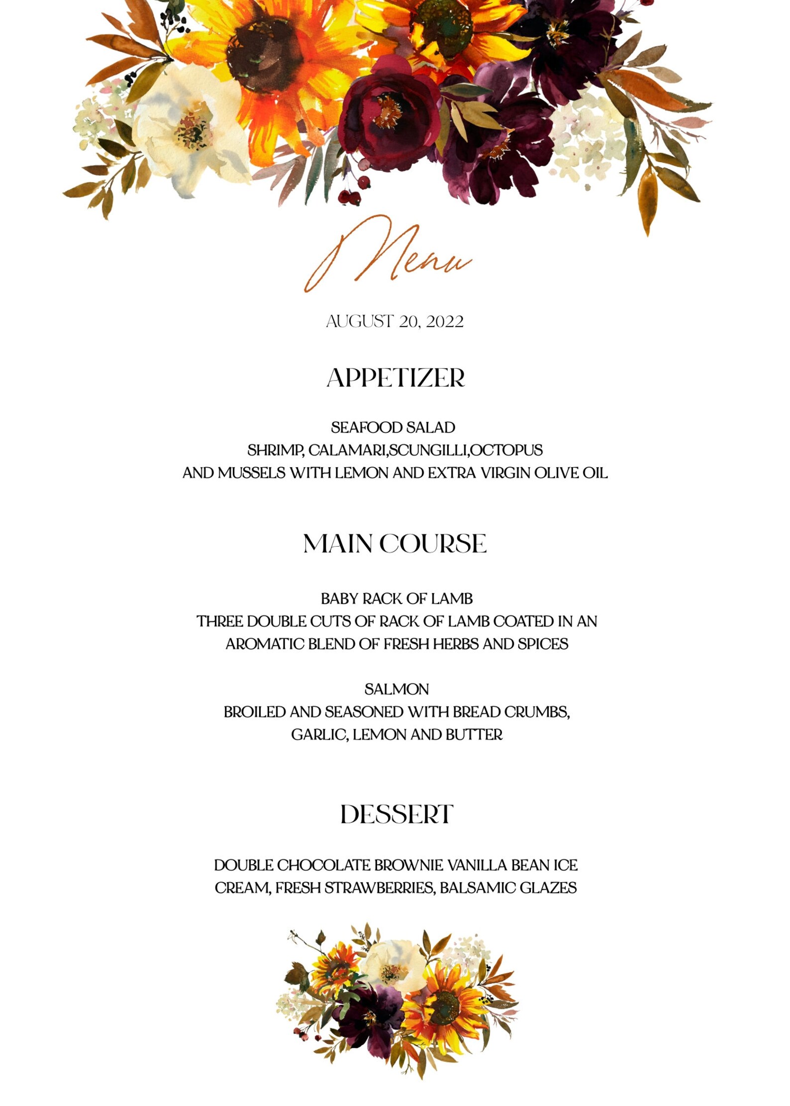 Sunflower Menu Cards Template, Watercolor Greenery Wedding Invite ...