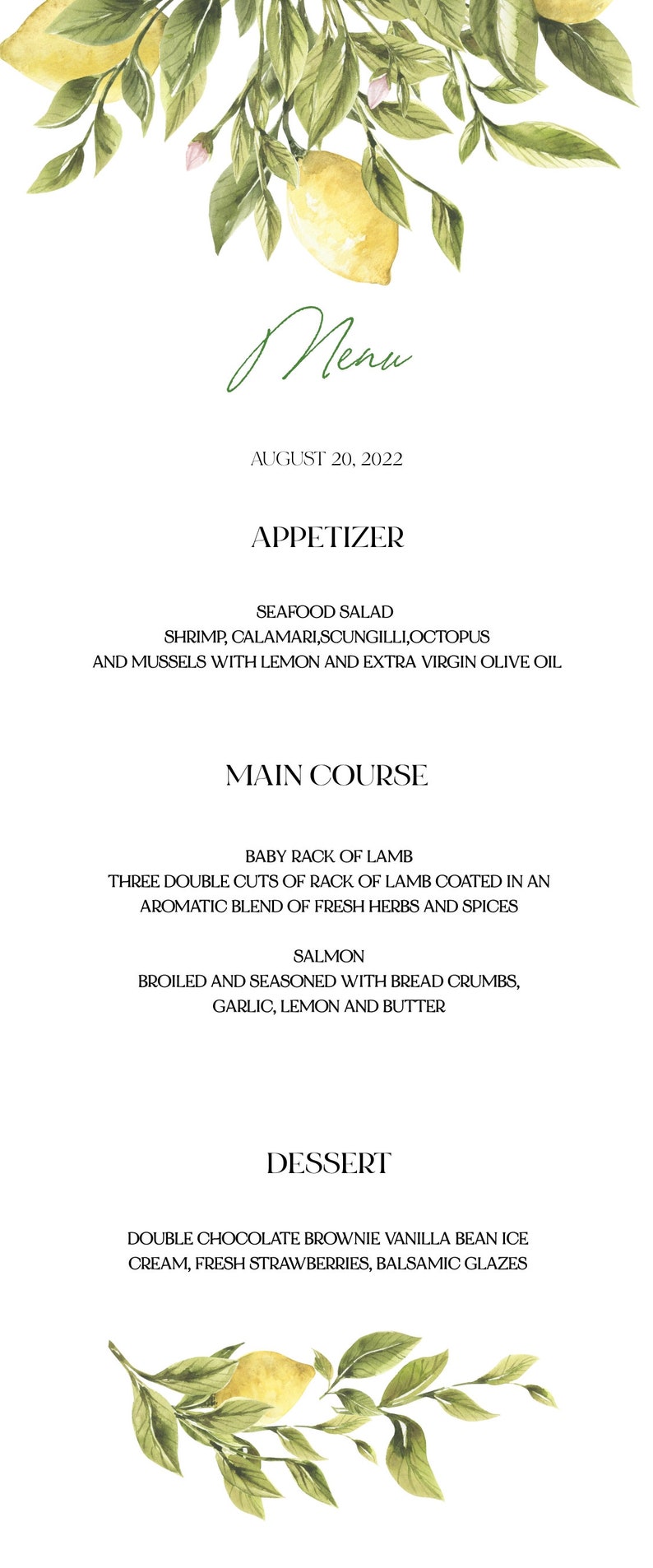 Lemon Flowers Menu Cards Template, Watercolor Greenery Wedding Invite ...