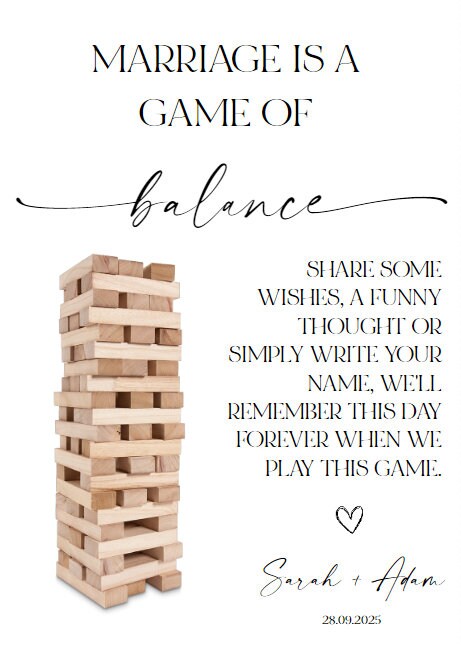 Wedding Jenga Marriage is Game of Balance Sign, Printable Jenga ...