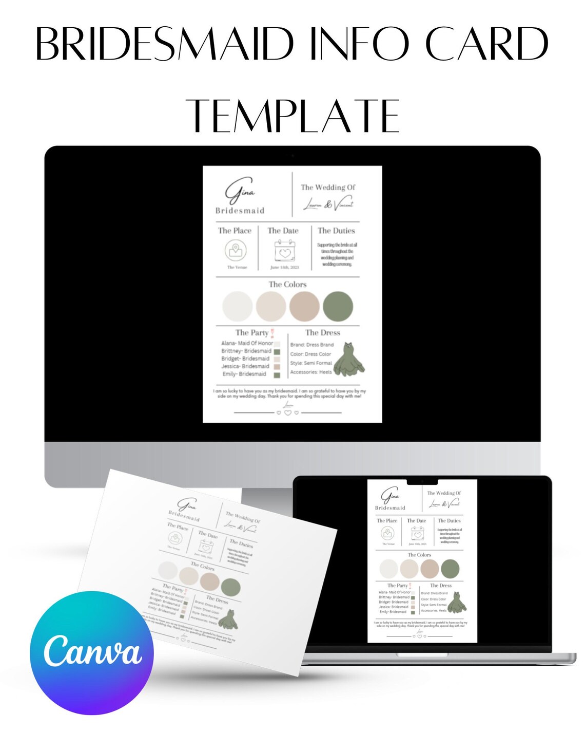 Editable Bridesmaid Info Card Template: Modern Minimalist Bridesmaid Infographic - Etsy