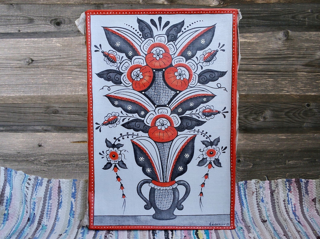Big Kurbits Swedish Dala Painting Old Style Handpainted on Raw Linen 41 ...