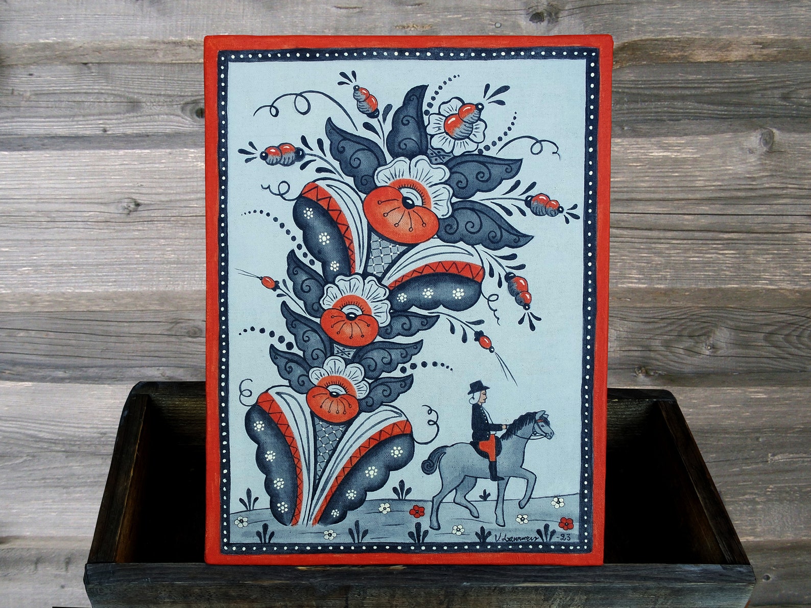 Kurbits Swedish Dala Painting Old Style Raw Linen on a Wooden Frame All ...