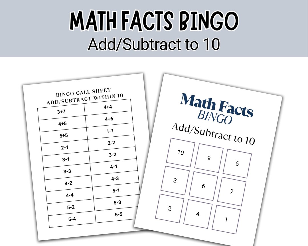 Math Facts Bingo: Addition & Subtraction to 10 (PDF Download) - Etsy