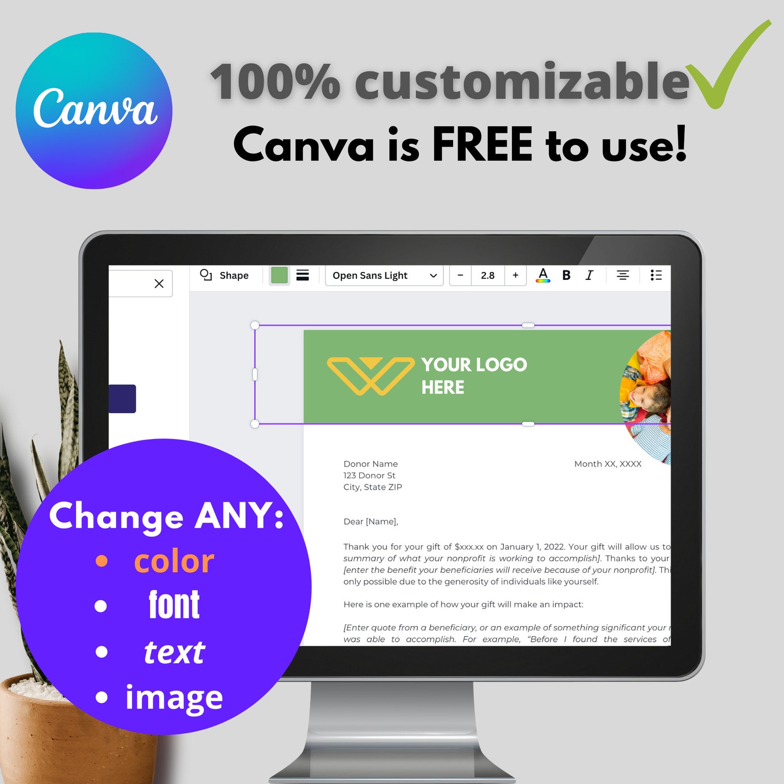 DONOR ACKNOWLEDGEMENT LETTER Template - Canva Template, Donation Letter ...